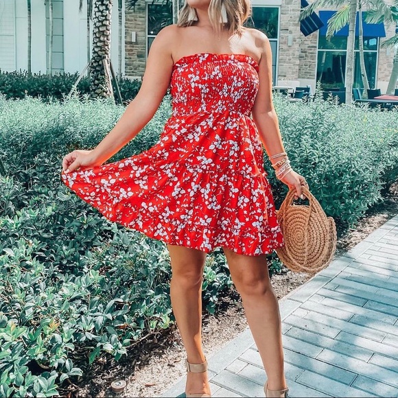 Dresses | Strapless Flowy Skater Mini Tube Red Dress | Poshmark